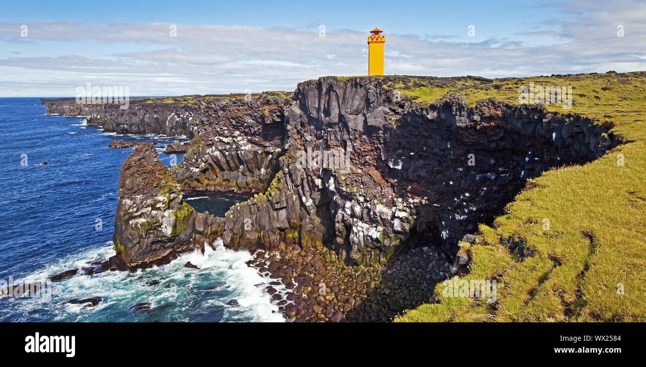 Coastal landscape with the lighthouse of Svoertuloft, Snæfellsjökull ...