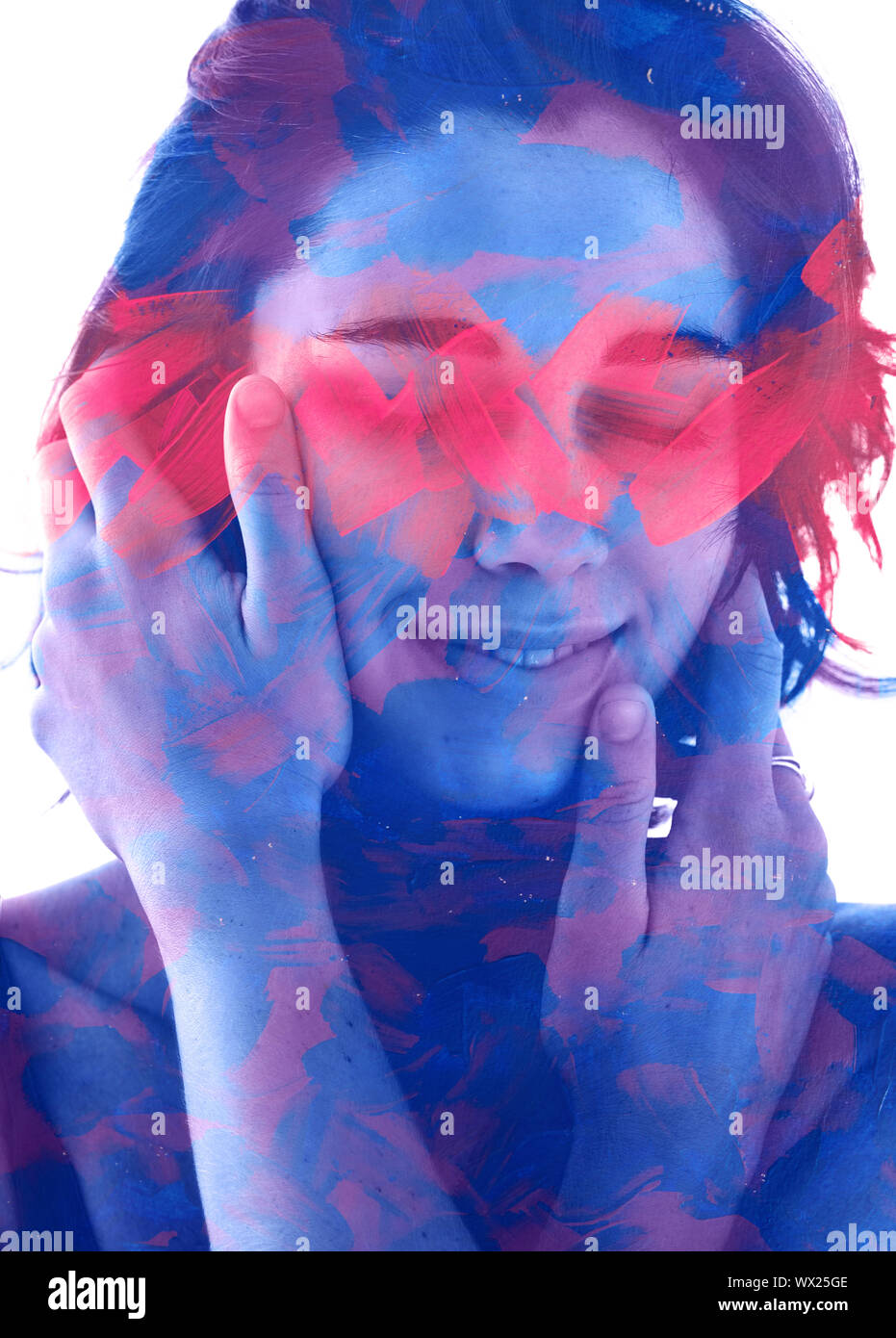 Paintography. Double exposure portrait of woman with short hair and ...