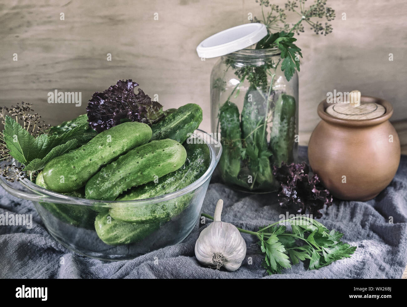 Cucumbers, prepared for canning and necessary spices Stock Photo - Alamy