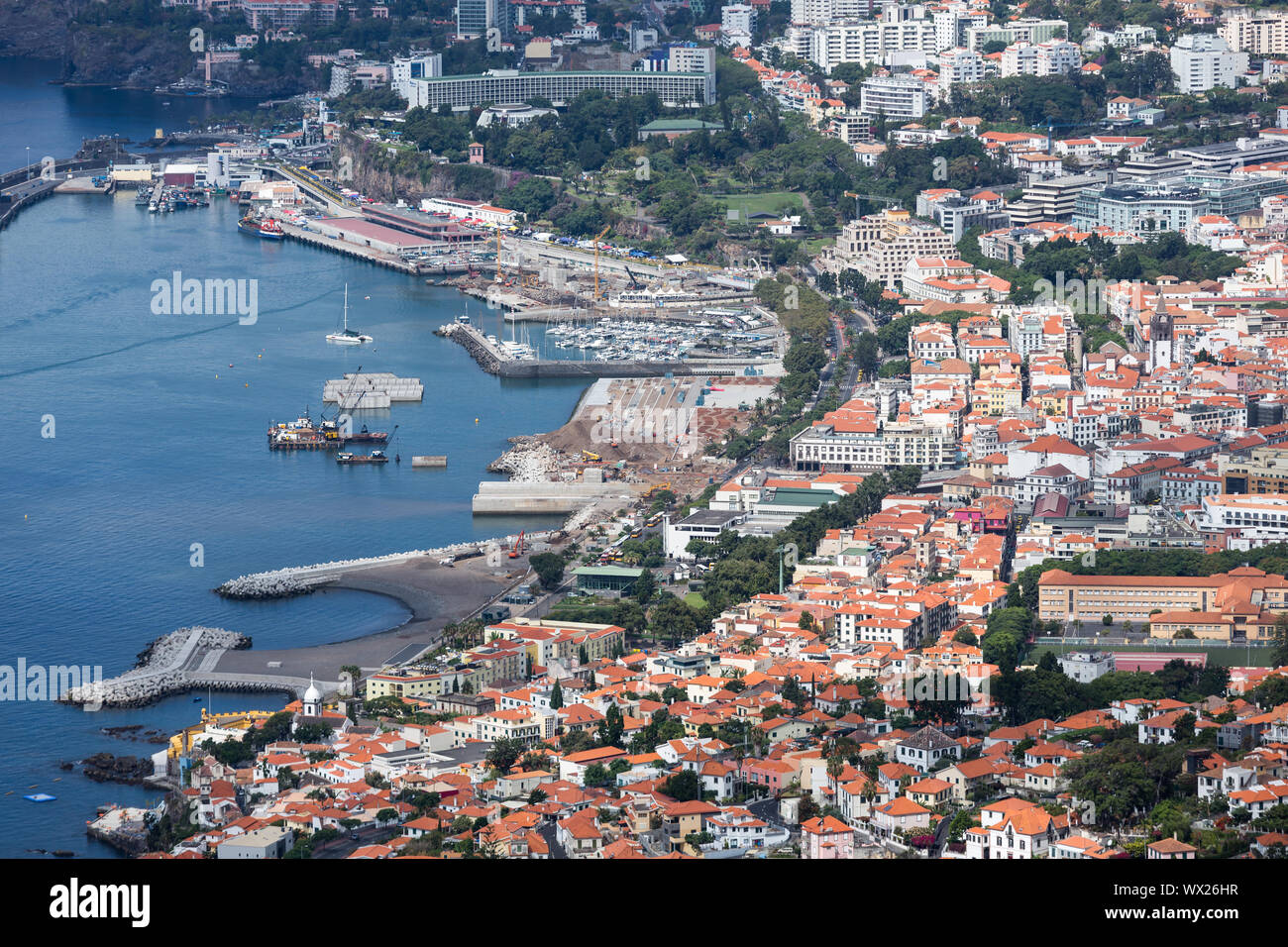 Aerial cityscape from the port area of Funchal, Madeira Island ...