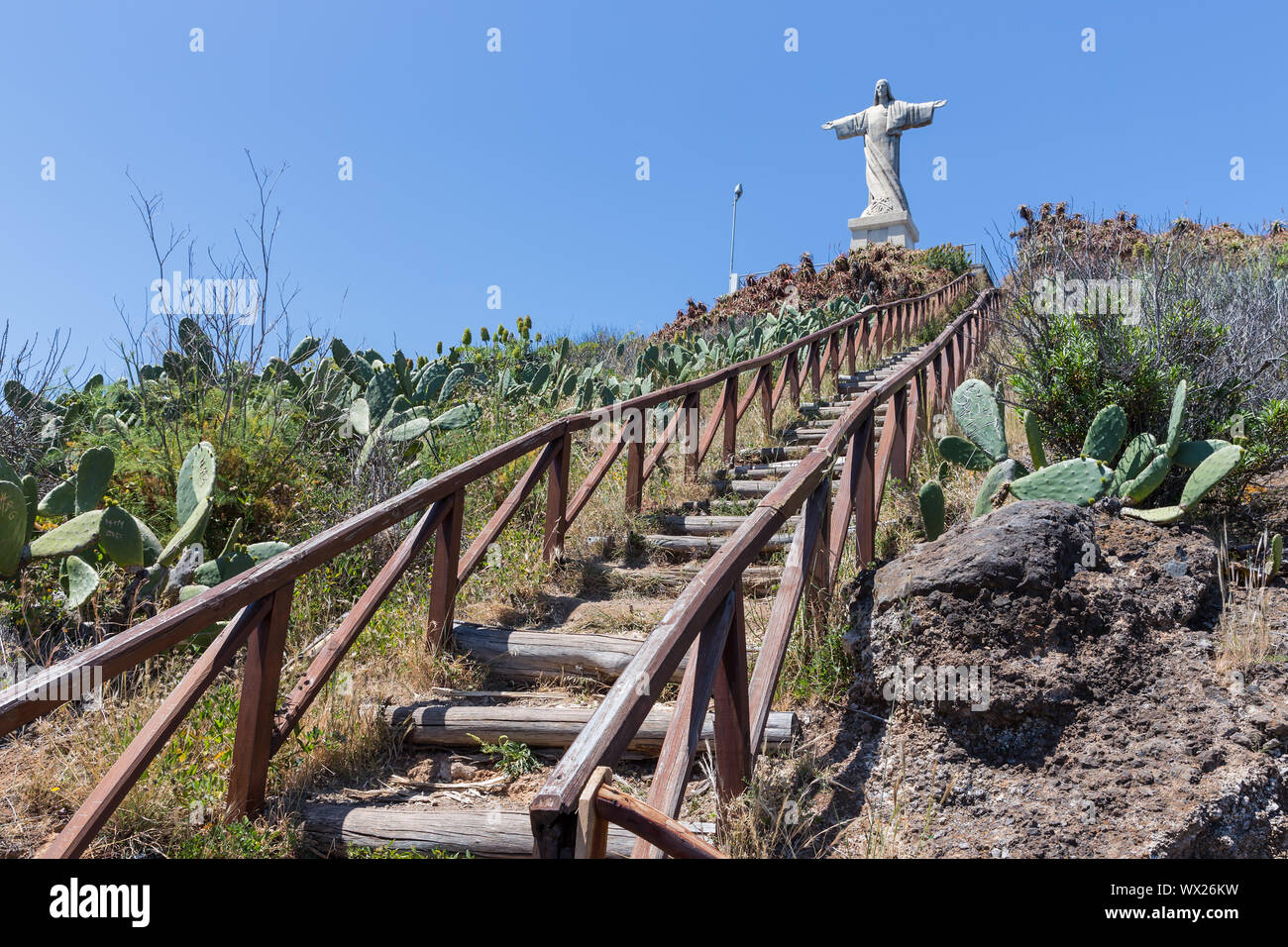 Stairs to statue of Jezus Christ at Garajau in Funchal, Madeira Stock ...