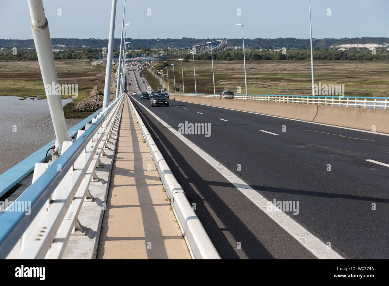 Highway at Pont de Normandie, French bridge over river Seine Stock ...