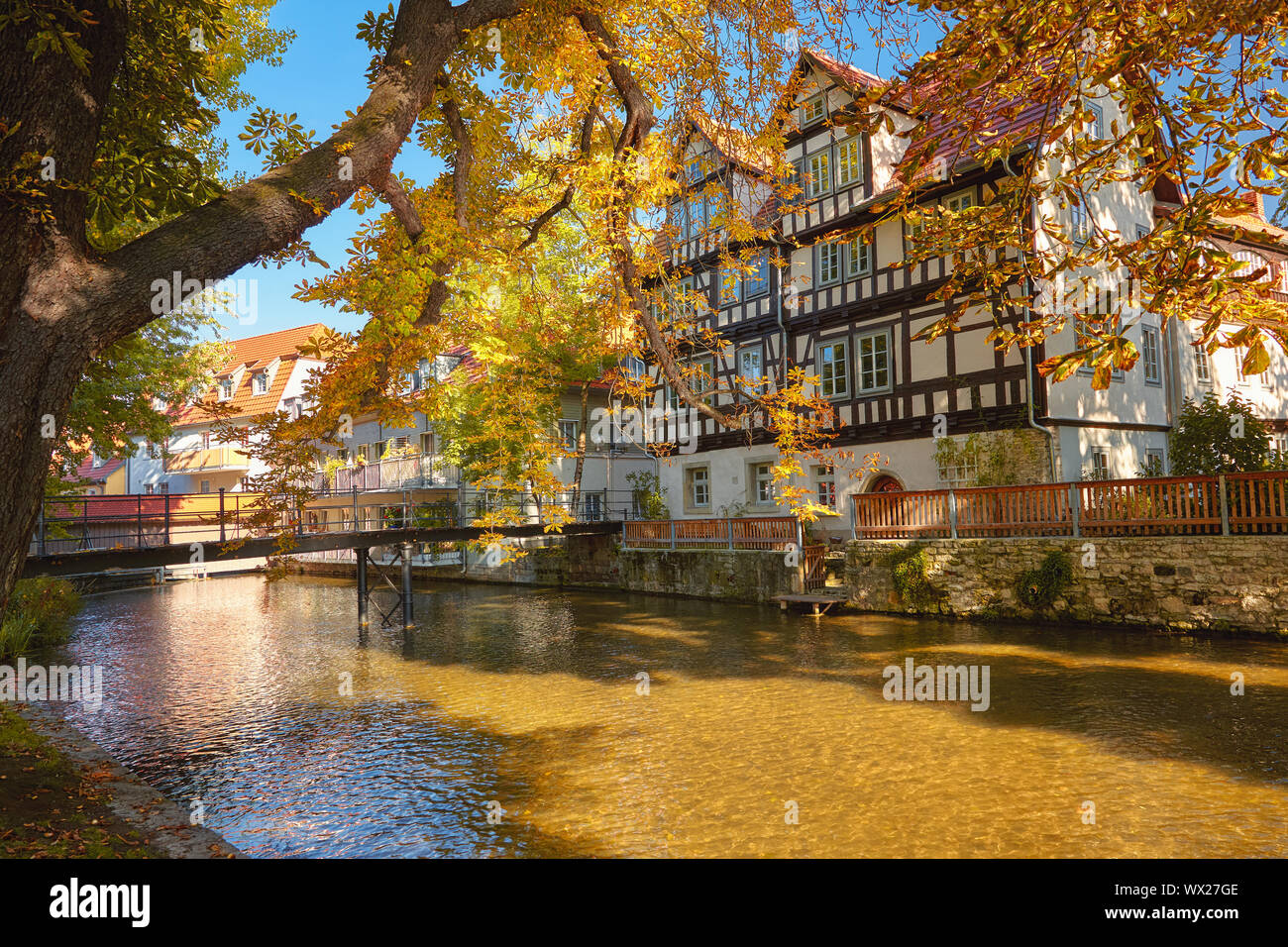 Historical timber houses by Gera river in Erfurt, main city of ...