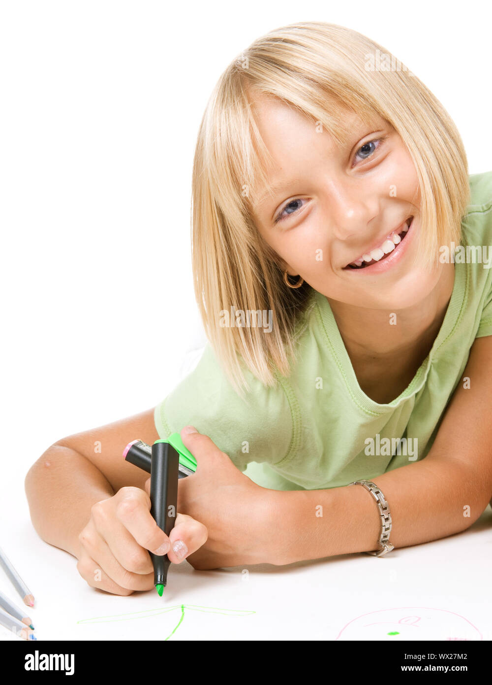 Happy Little Girl Drawing Stock Photo - Alamy