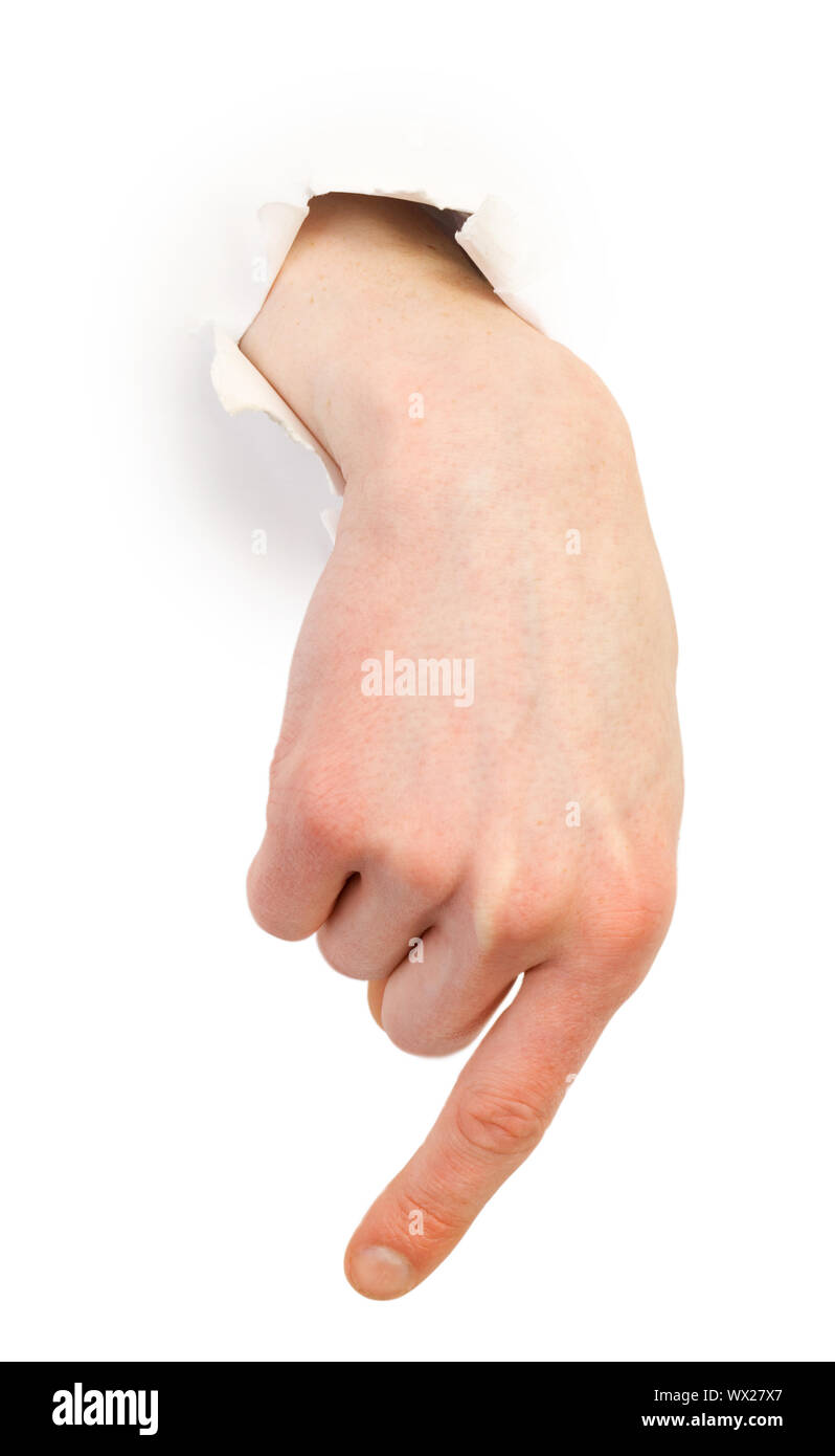 Gesture male hand through white paper photographed on a white ...