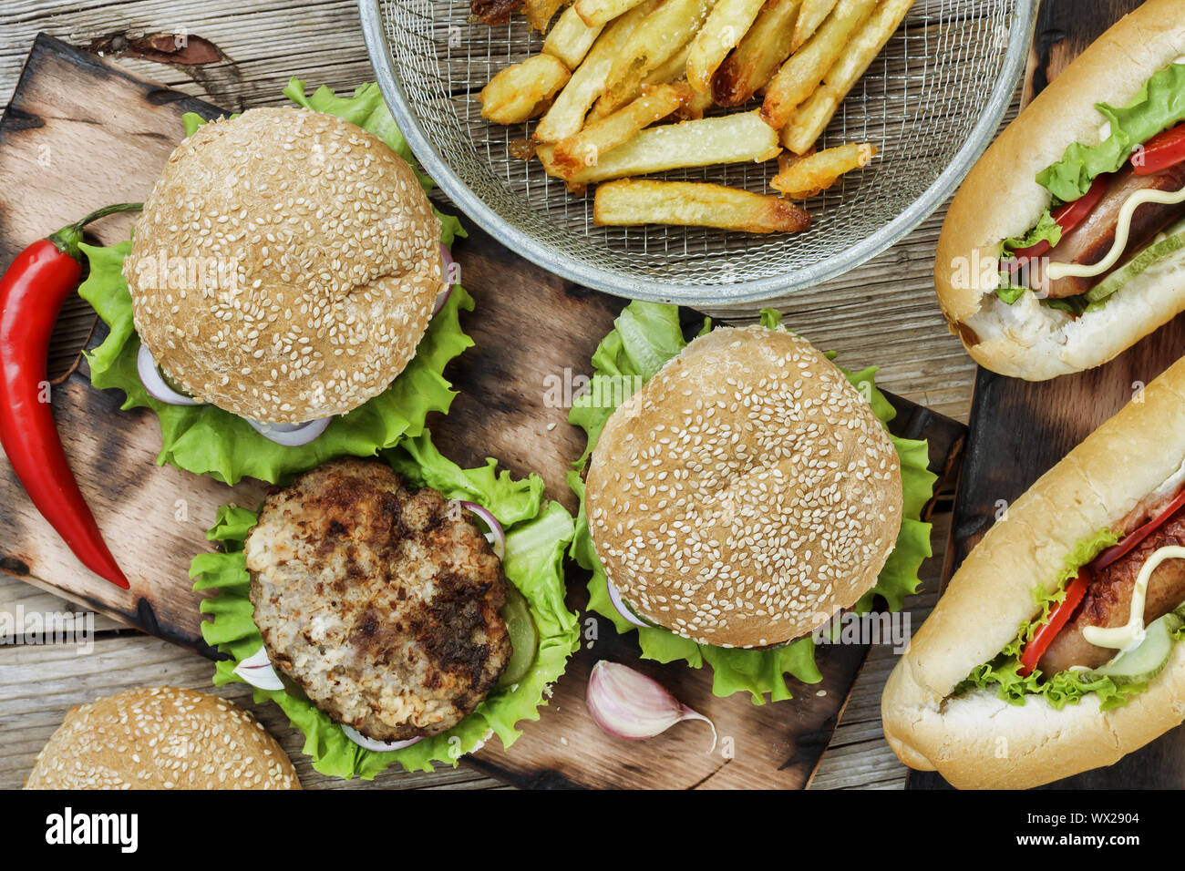 street food, Fresh burger, burger beef, various sauces, fast food ...