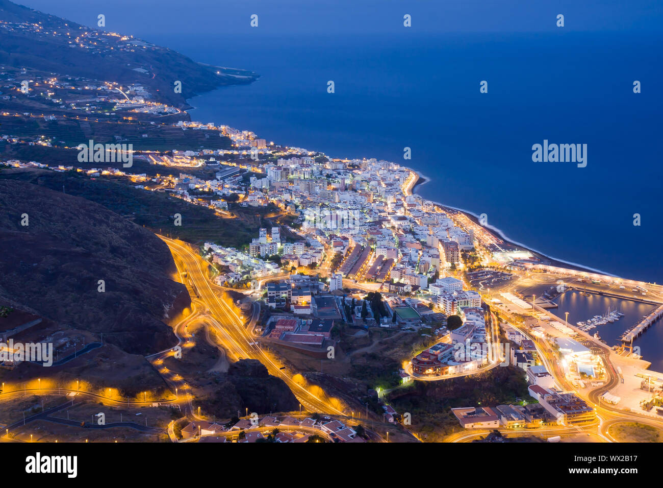 Cityscape by night of Santa Cruz, capital city of La Palma Stock Photo ...
