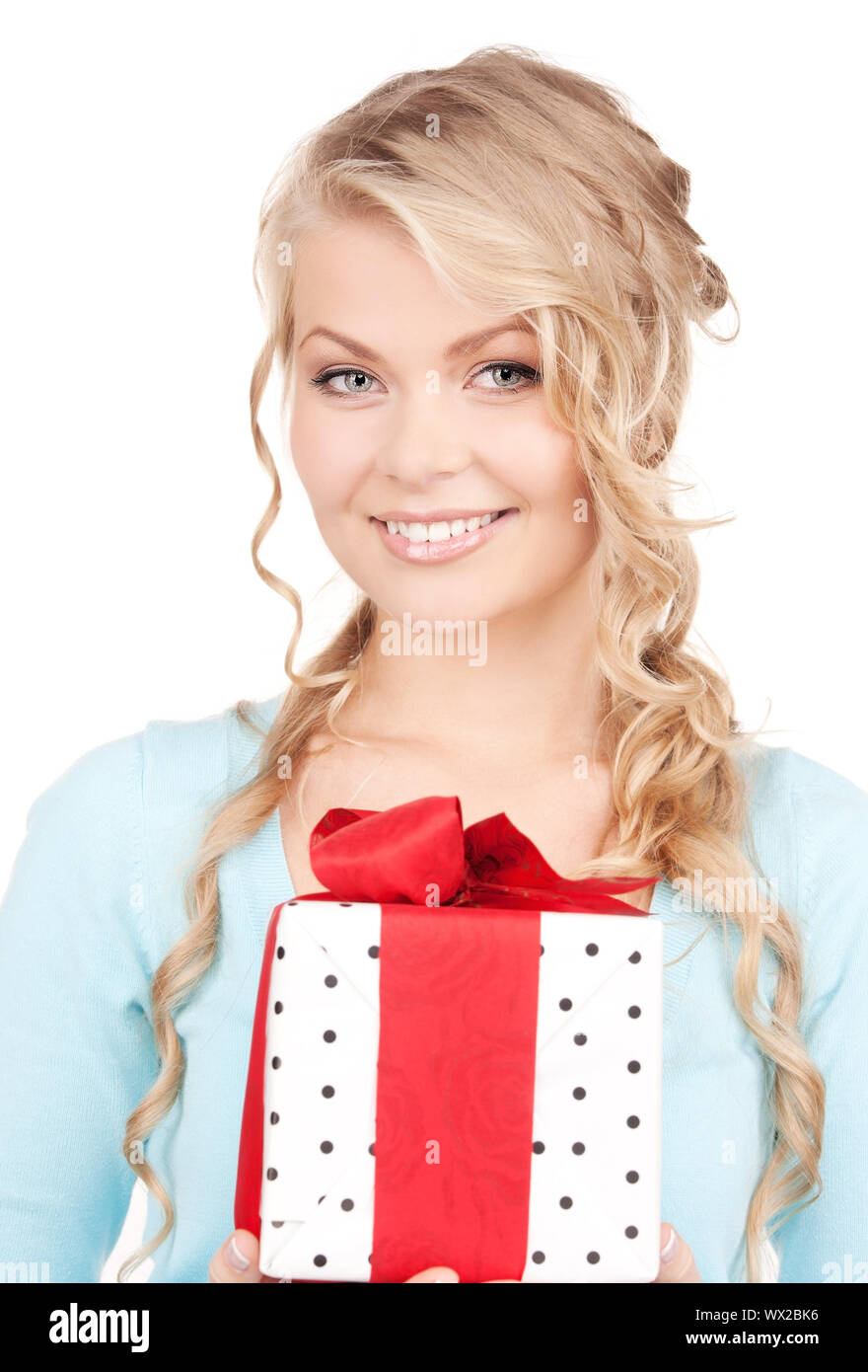 happy girl with gift box over white Stock Photo - Alamy