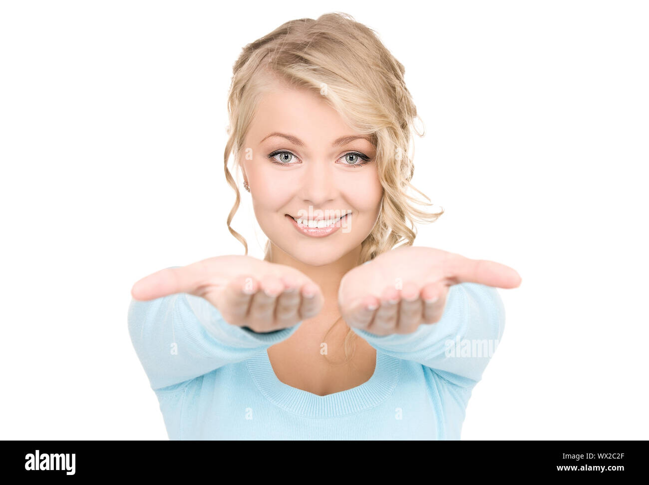 beautiful woman showing palms of her hands Stock Photo - Alamy