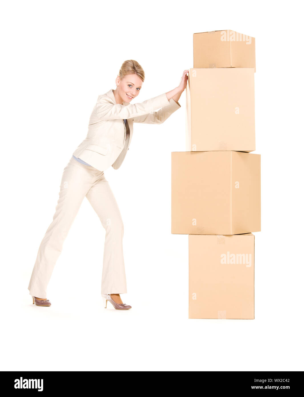 picture of businesswoman with boxes over white Stock Photo - Alamy