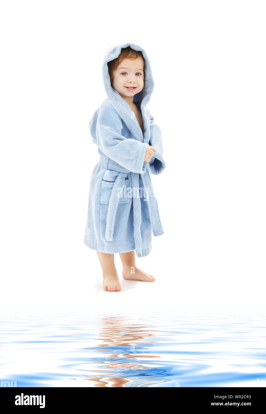baby boy in blue robe over white Stock Photo - Alamy