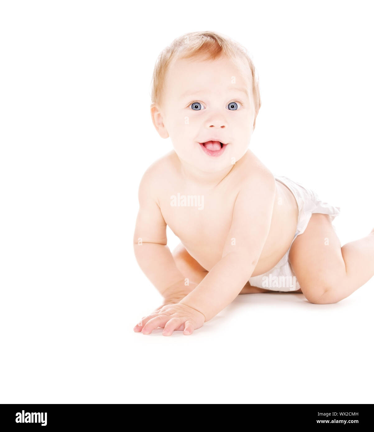 picture of crawling baby boy in diaper over white Stock Photo - Alamy