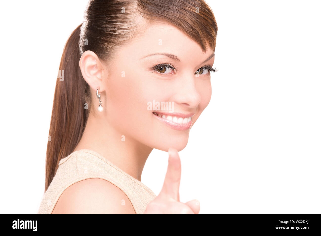 picture of attractive young woman pointing her finger Stock Photo - Alamy