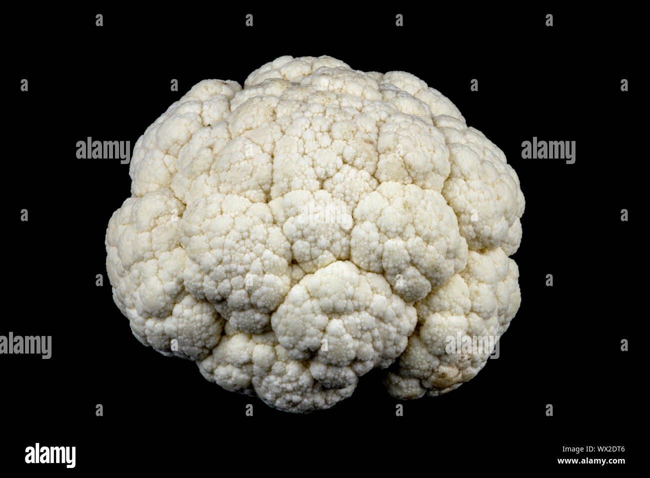 Single whole fresh cauliflower isolated against a black background ...