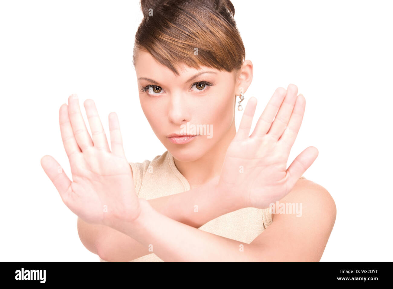bright picture of young woman making stop gesture Stock Photo - Alamy