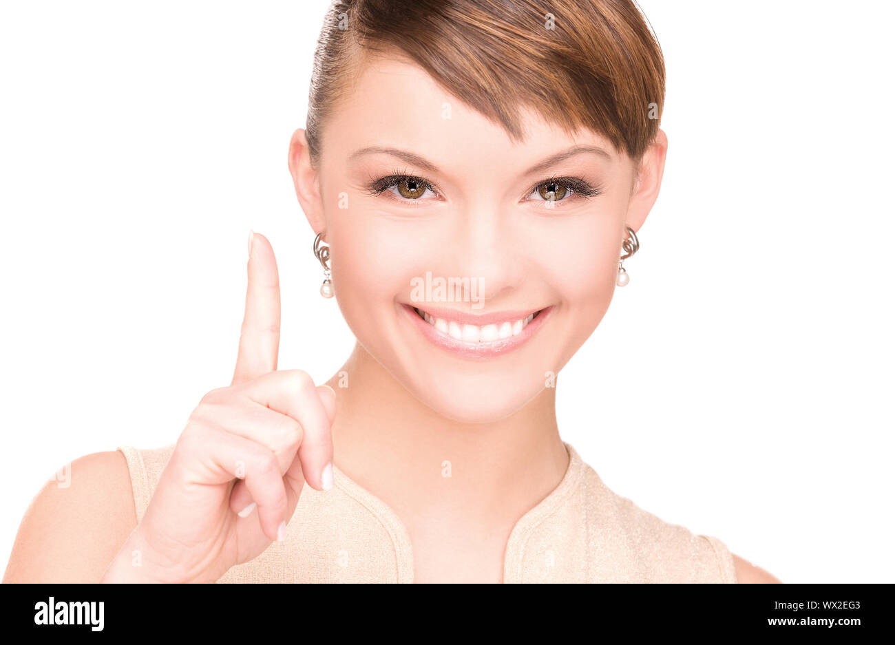 woman with her finger up Stock Photo - Alamy
