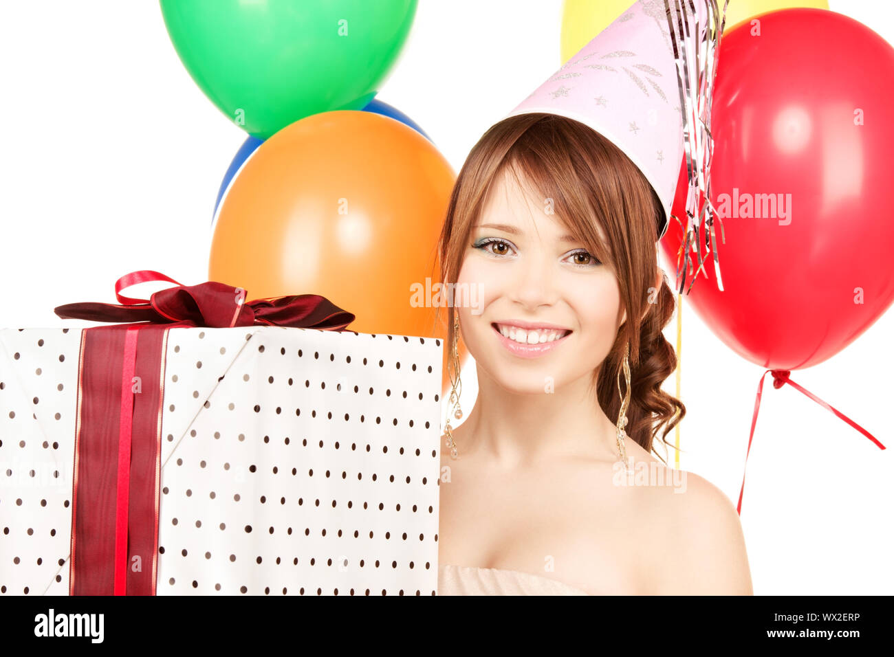 party girl with balloons and gift box Stock Photo - Alamy