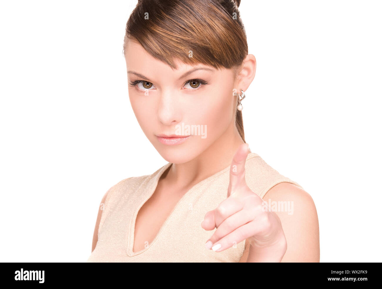 picture of attractive young woman pointing her finger Stock Photo - Alamy