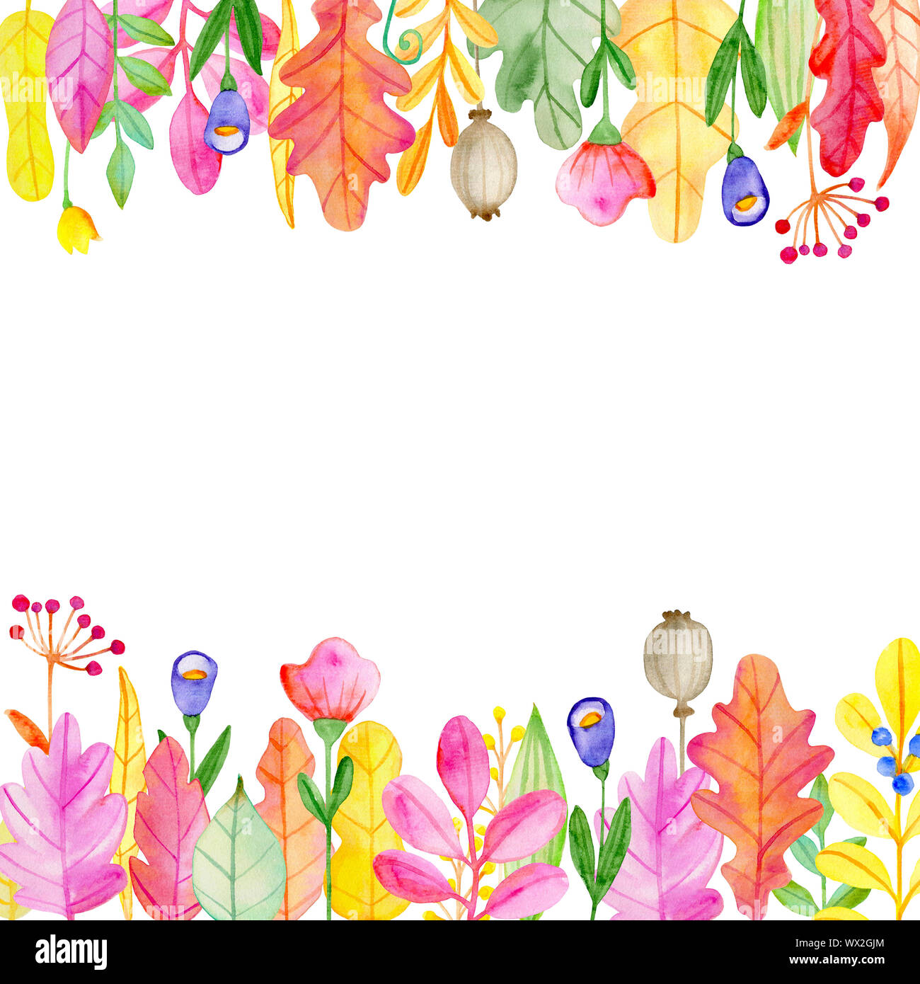 Watercolor autumn floral background with flowers and leaves. Hand drawn ...