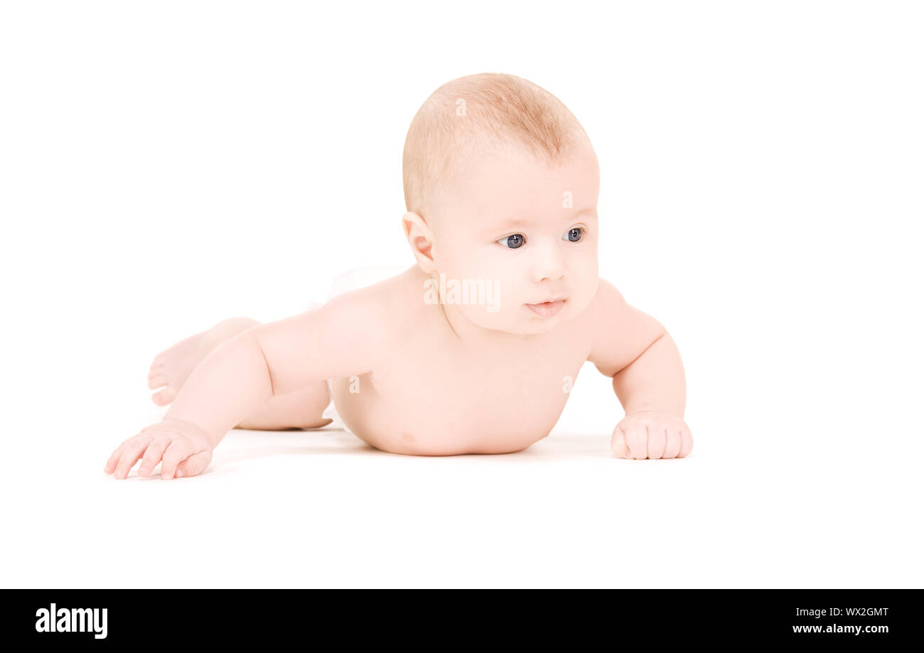 picture of laying baby boy in diaper over white Stock Photo - Alamy
