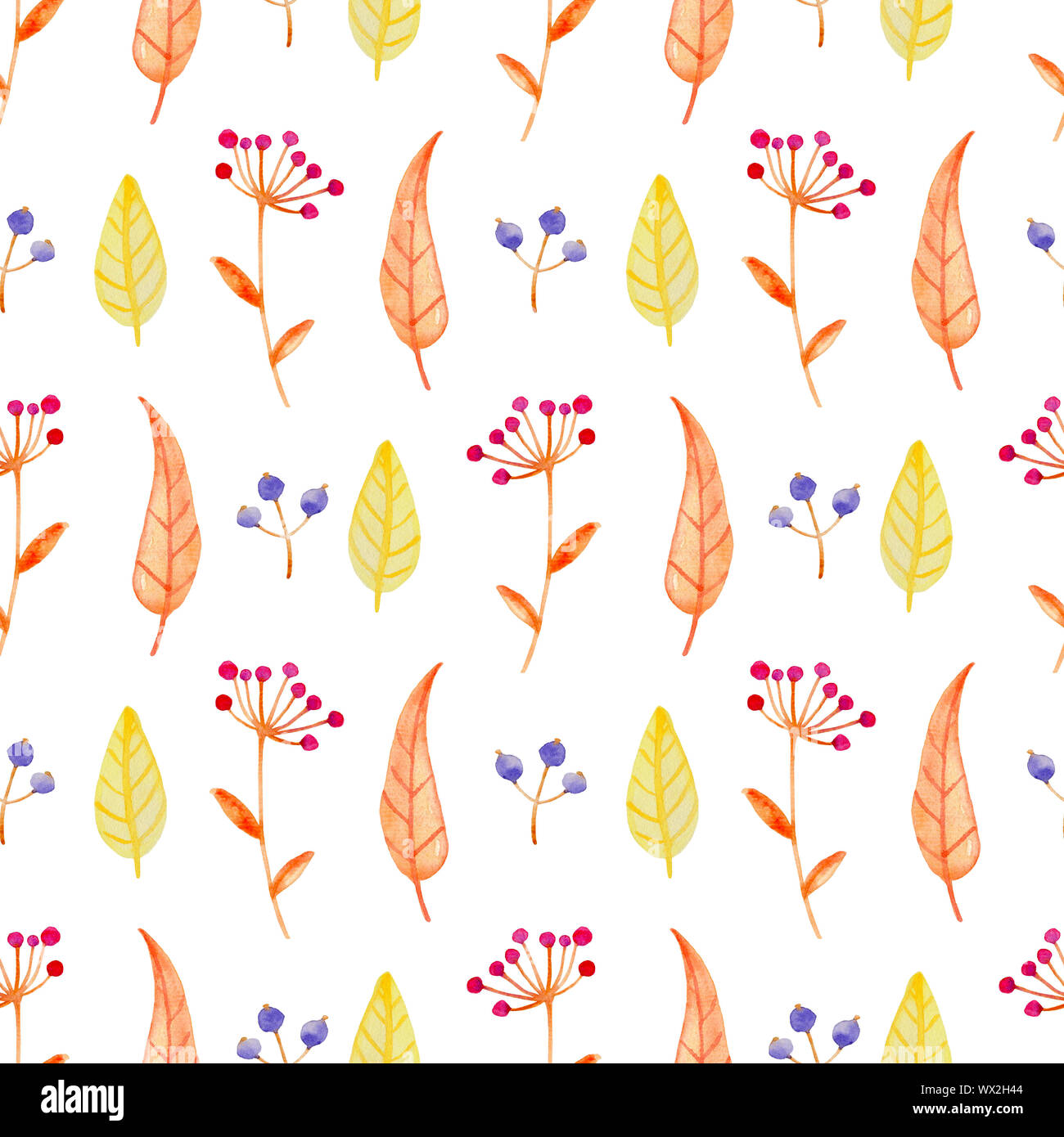 Watercolor autumn floral seamless pattern with orange leaves and berry ...