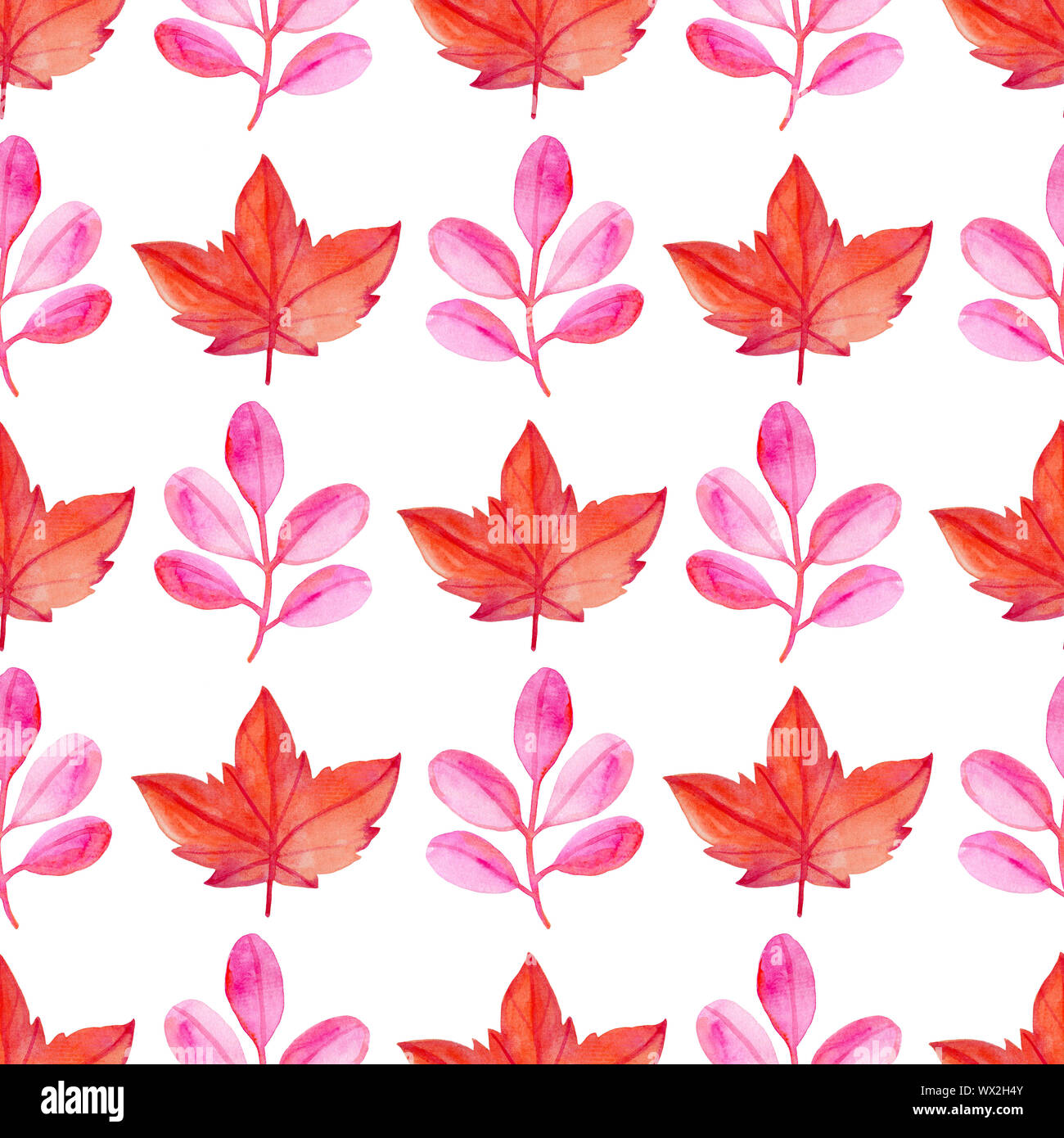 Watercolor autumn floral seamless pattern with red maple leaves. Hand ...