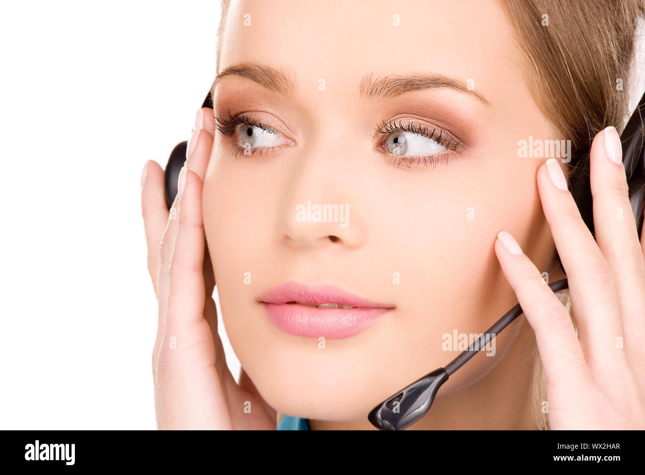 bright picture of friendly female helpline operator Stock Photo - Alamy