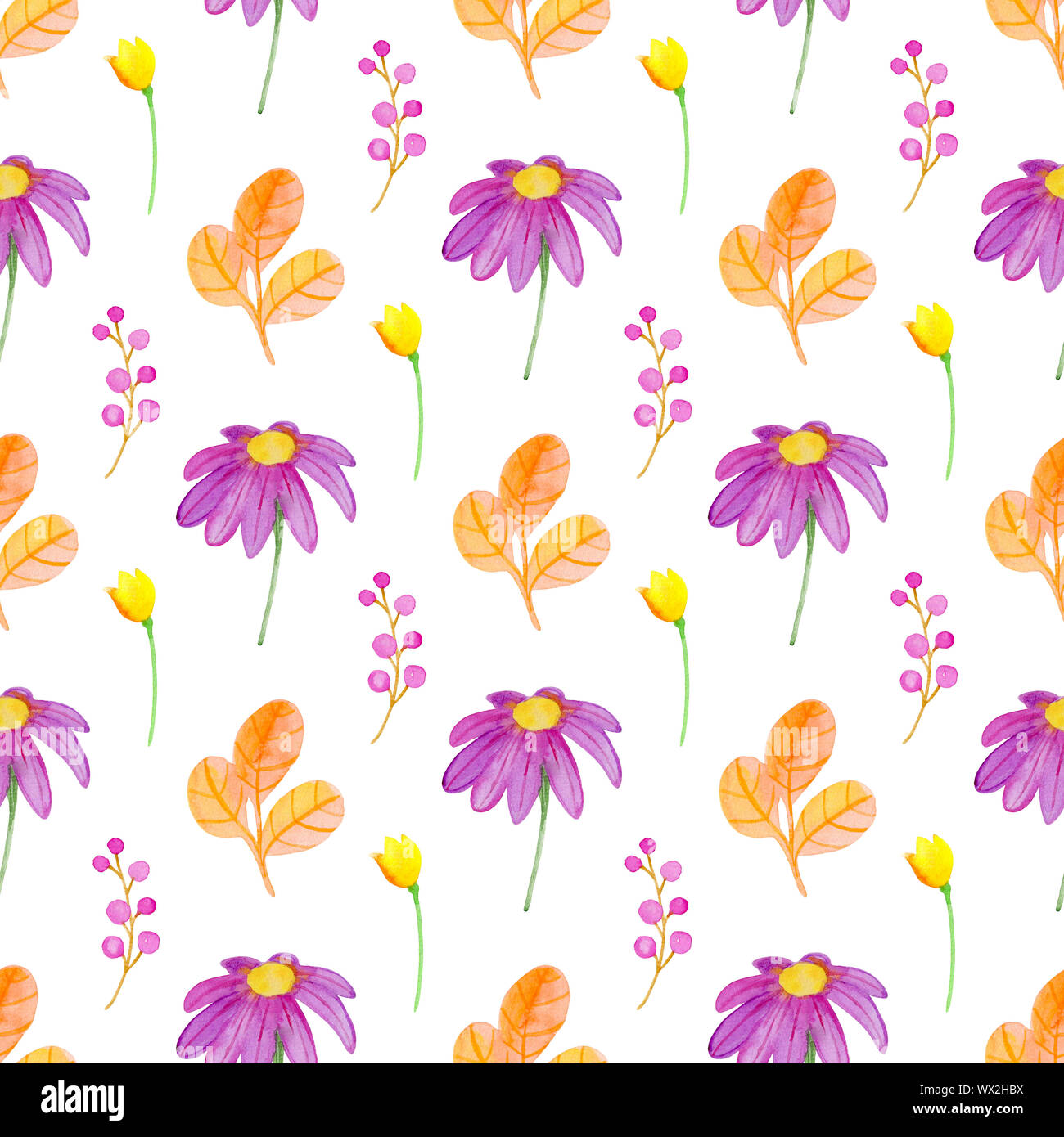 Watercolor autumn floral seamless pattern with orange leaves and daisy ...