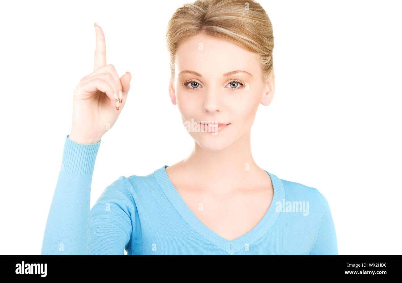 picture of attractive young woman with her finger up Stock Photo - Alamy
