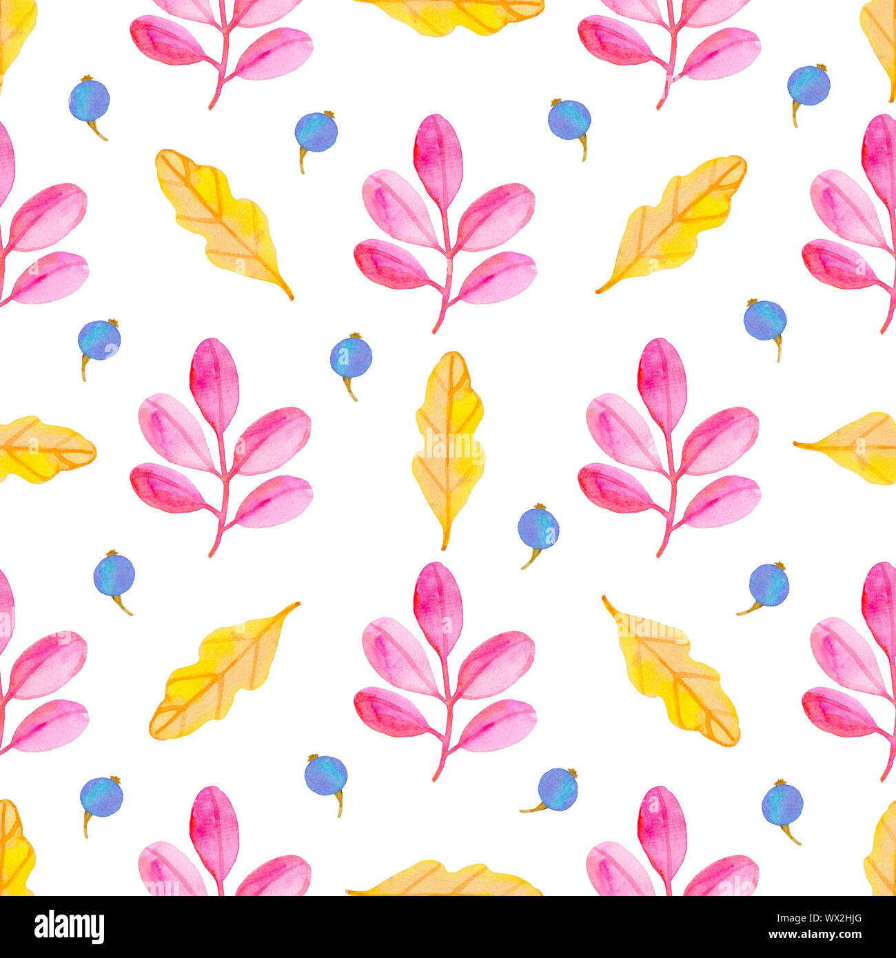 Watercolor autumn floral seamless pattern with falling leaves and blue ...