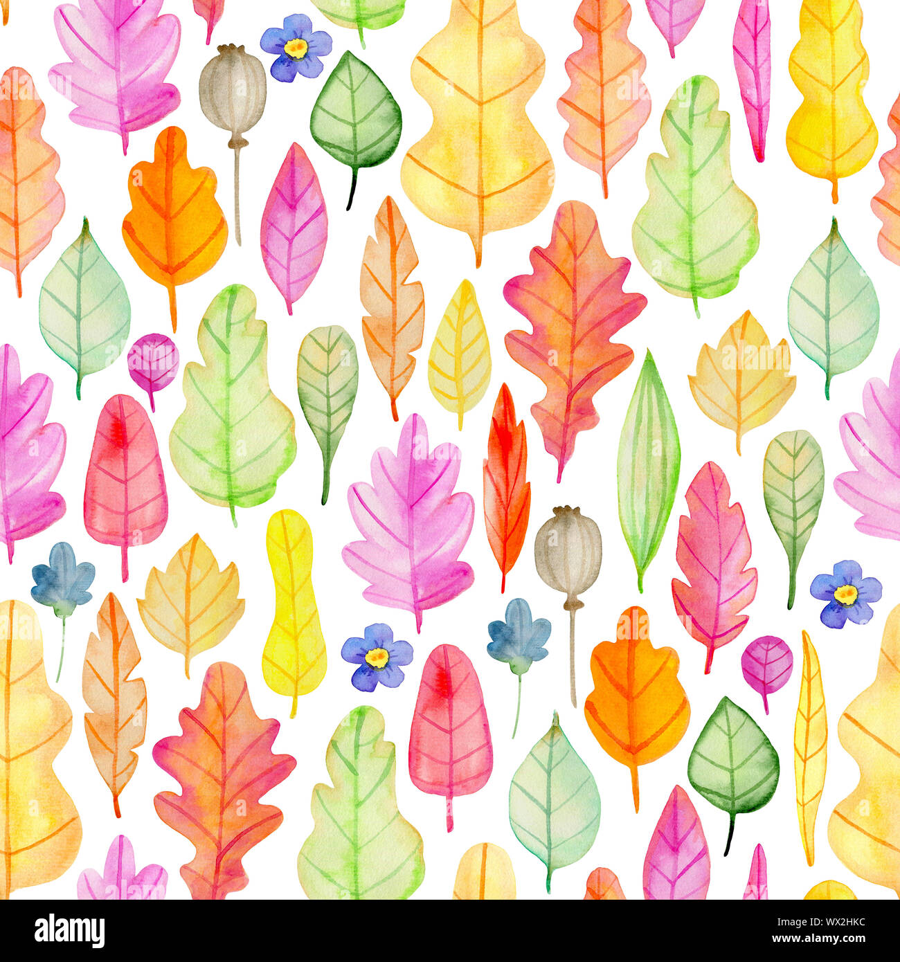 Watercolor autumn floral seamless pattern with flowers and leaves. Hand ...