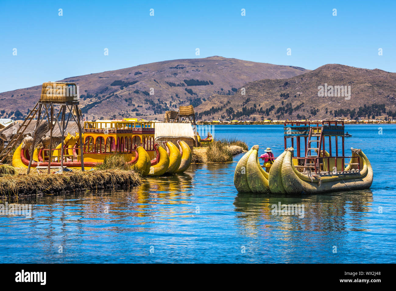 Uros floating islands of lake Titicaca, Peru, South America Stock Photo ...