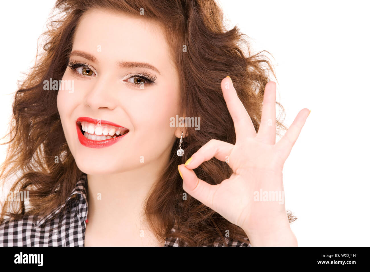 bright picture of lovely woman showing ok sign Stock Photo - Alamy