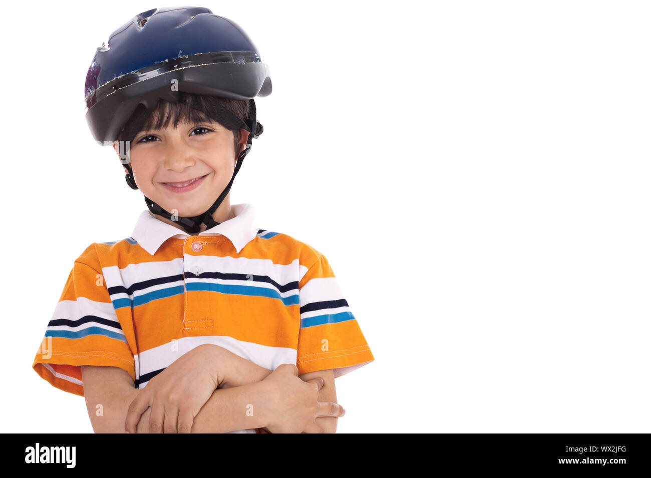 Kid with head cap ready for bicycle ride on white background Stock ...