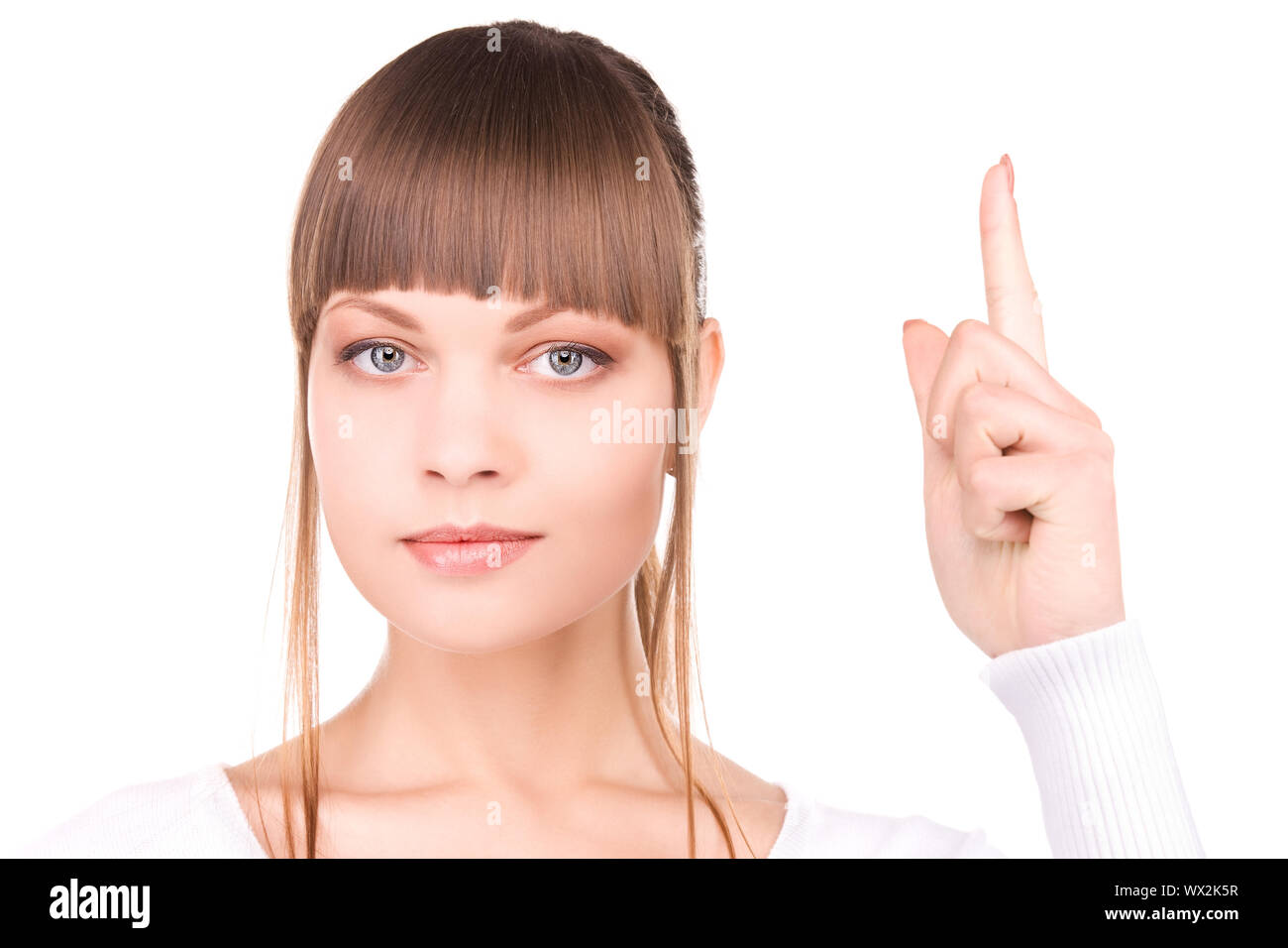 picture of attractive young woman with her finger up Stock Photo - Alamy