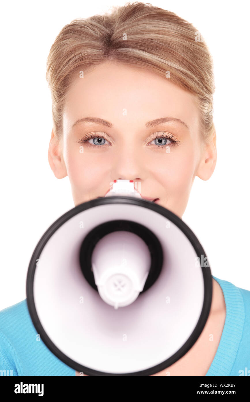 picture of woman with megaphone over white Stock Photo - Alamy