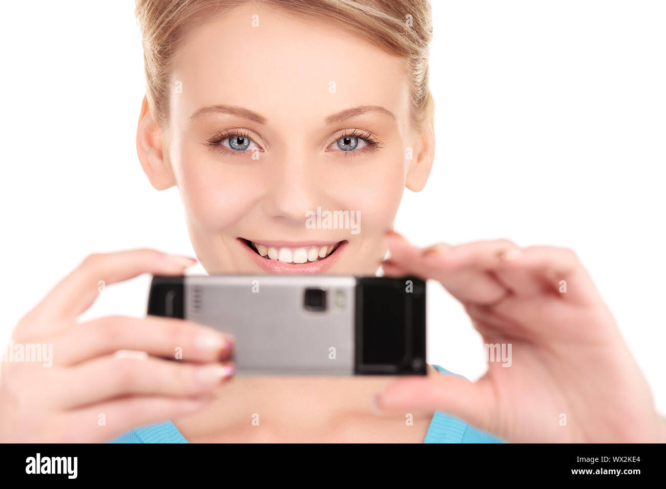 picture of happy woman using phone camera Stock Photo - Alamy
