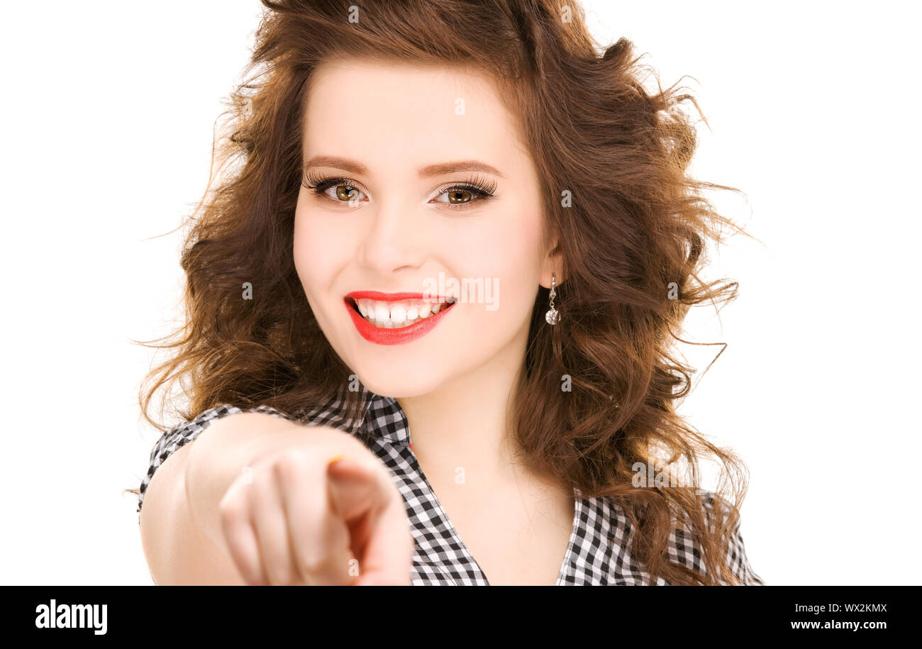 picture of attractive woman pointing her finger Stock Photo - Alamy