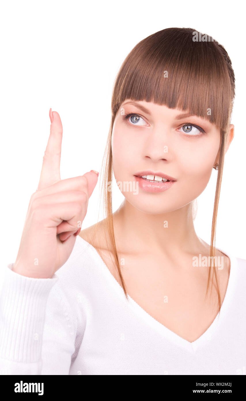 picture of attractive young woman with her finger up Stock Photo - Alamy