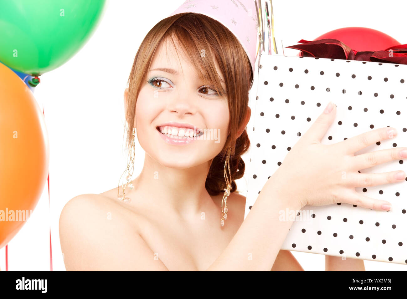 party girl with balloons and gift box Stock Photo - Alamy