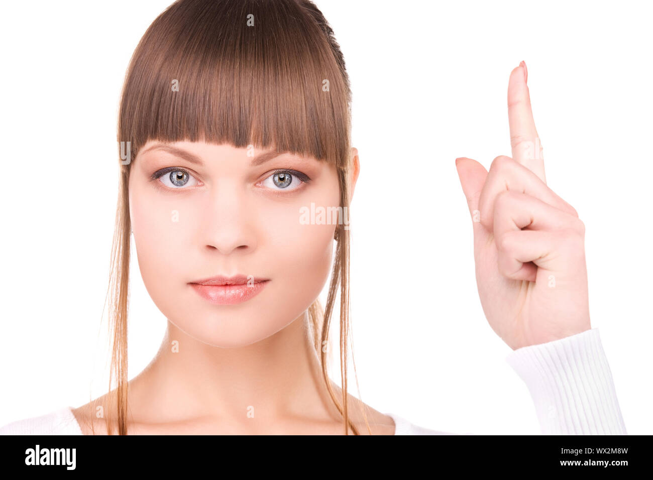 woman with her finger up Stock Photo - Alamy