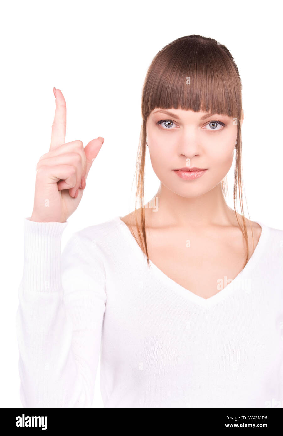 woman with her finger up Stock Photo - Alamy