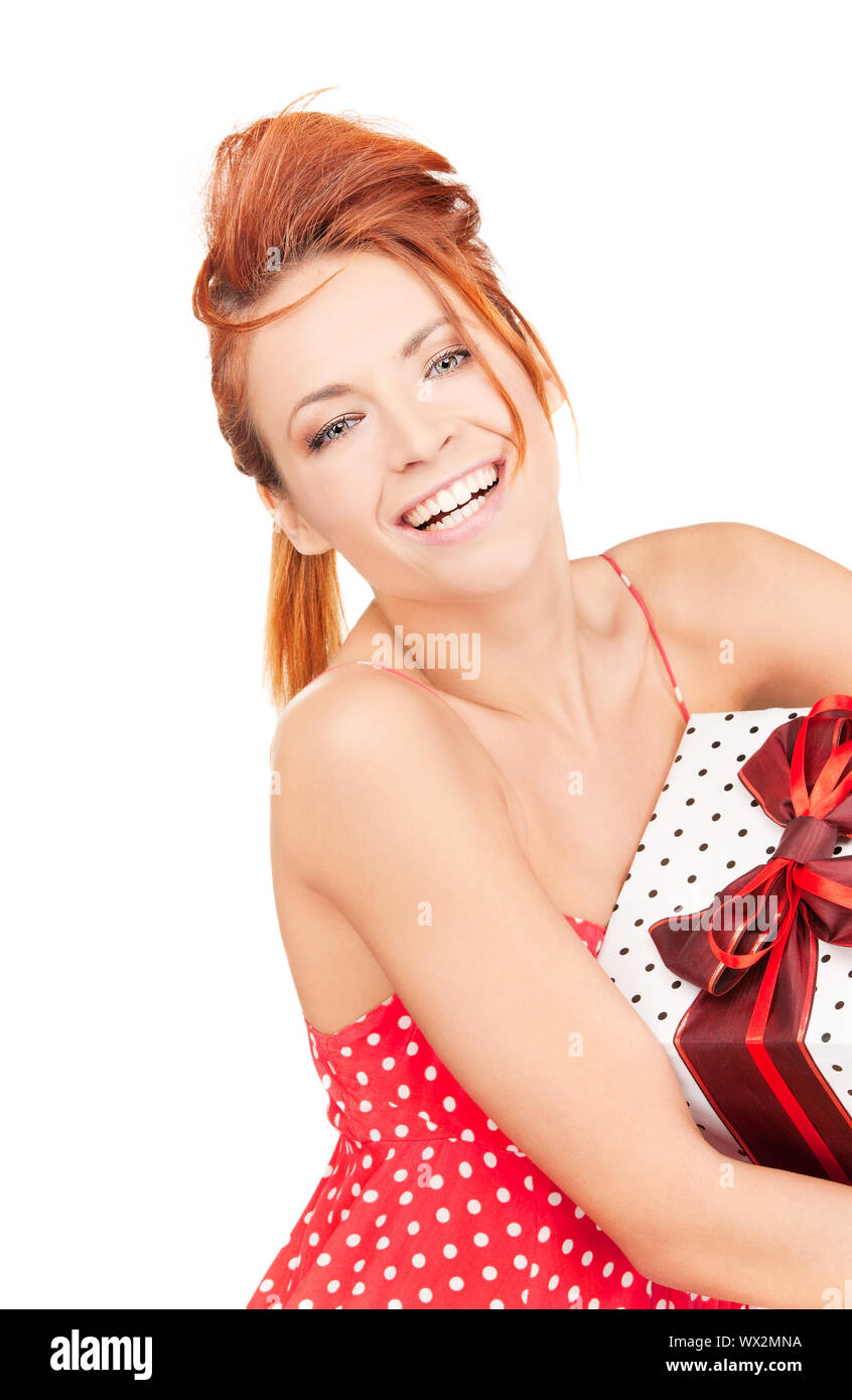 happy girl with gift box over white Stock Photo - Alamy