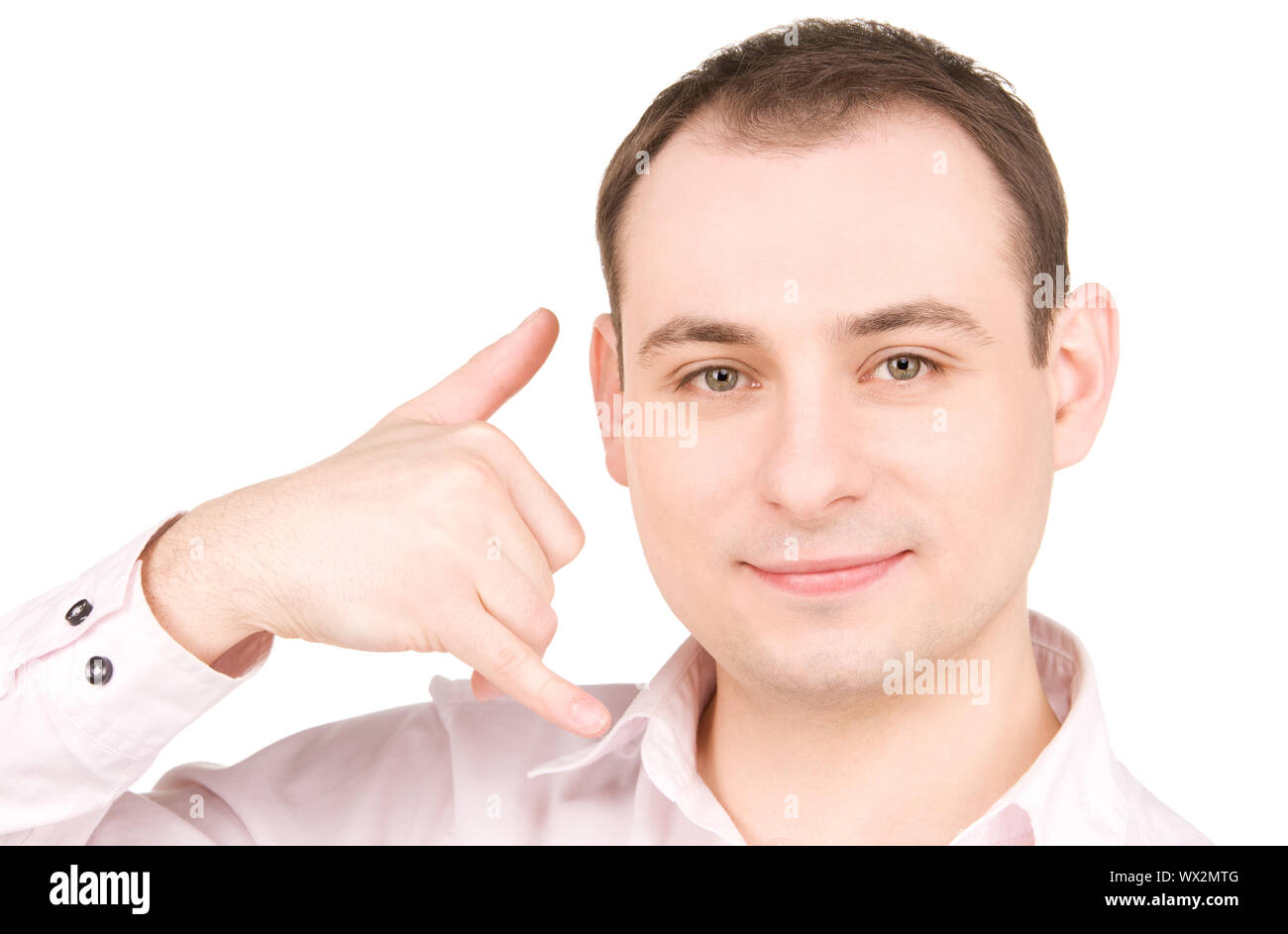 bright picture of businessman showing call me sign Stock Photo - Alamy