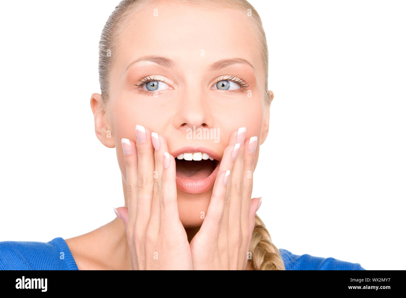 bright picture of surprised woman face over white Stock Photo - Alamy