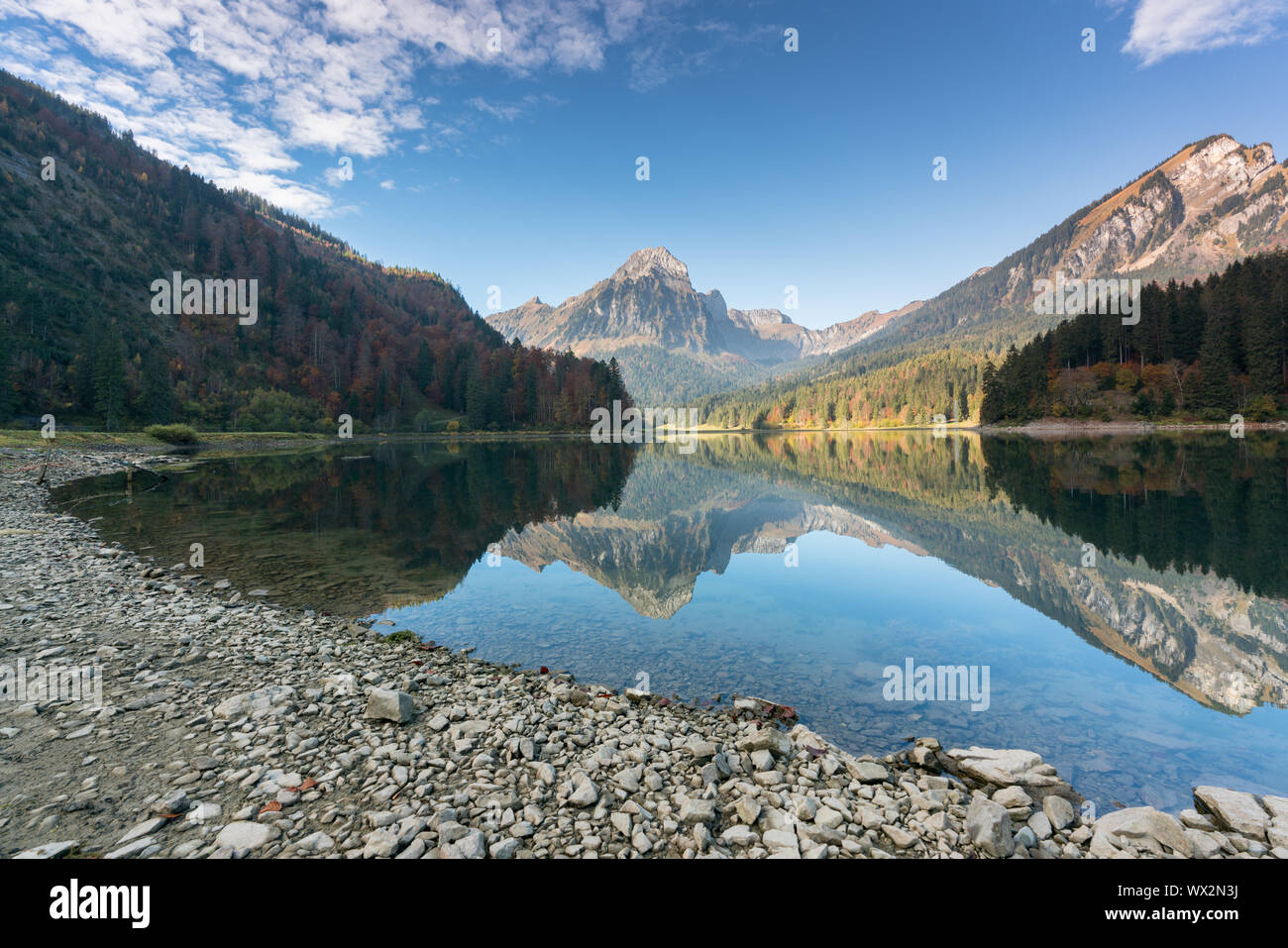 autumn color mountain landscape and lake in the Swiss Alps Stock Photo ...