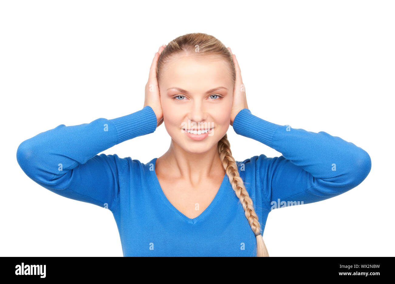 picture of smiling woman with hands over ears Stock Photo - Alamy