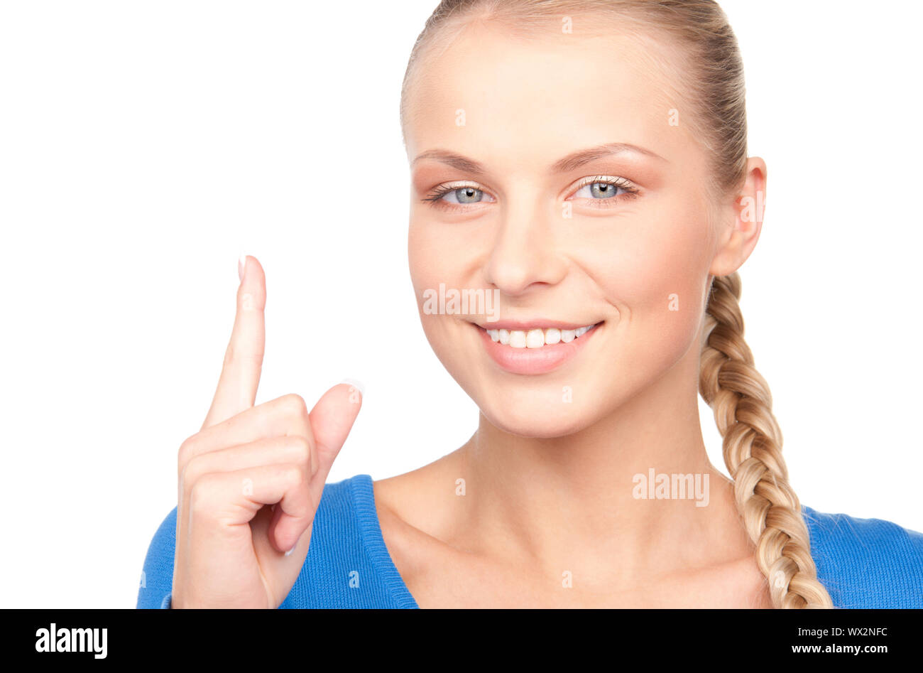 woman with her finger up Stock Photo - Alamy