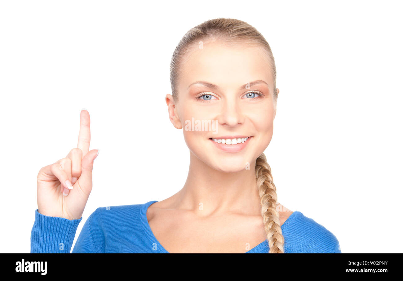 woman with her finger up Stock Photo - Alamy