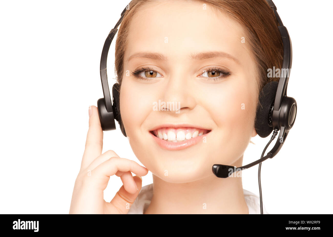 bright picture of friendly female helpline operator Stock Photo - Alamy